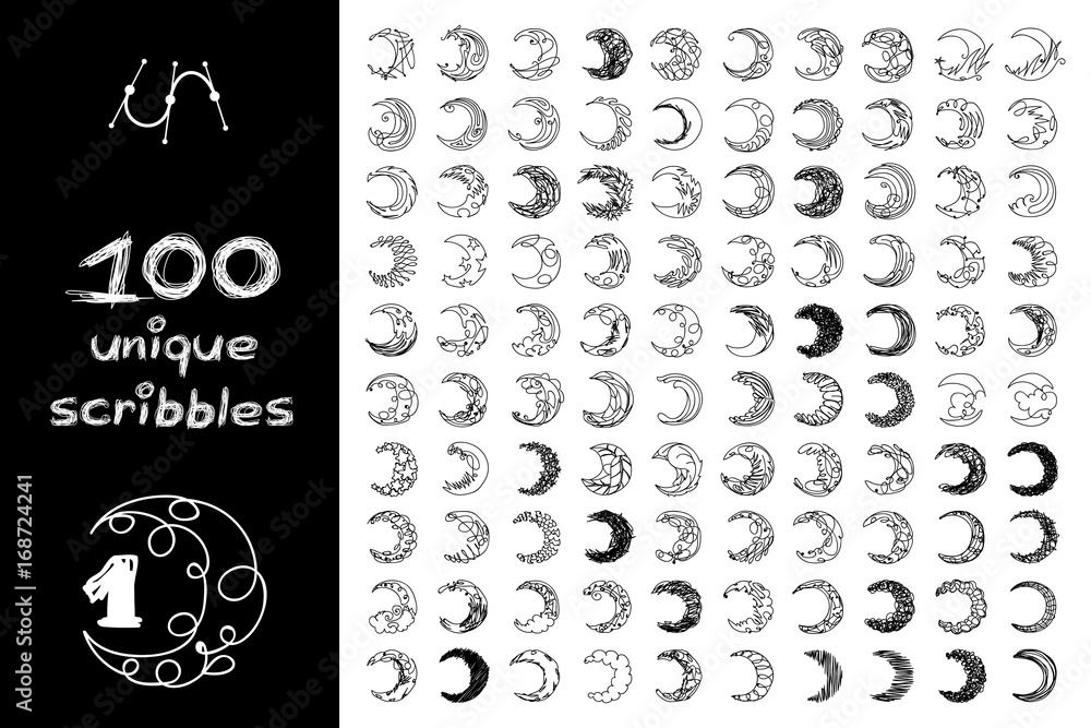 vector SET 100 crescent SCRIBBLES Part 1. Clip art isolated on ...