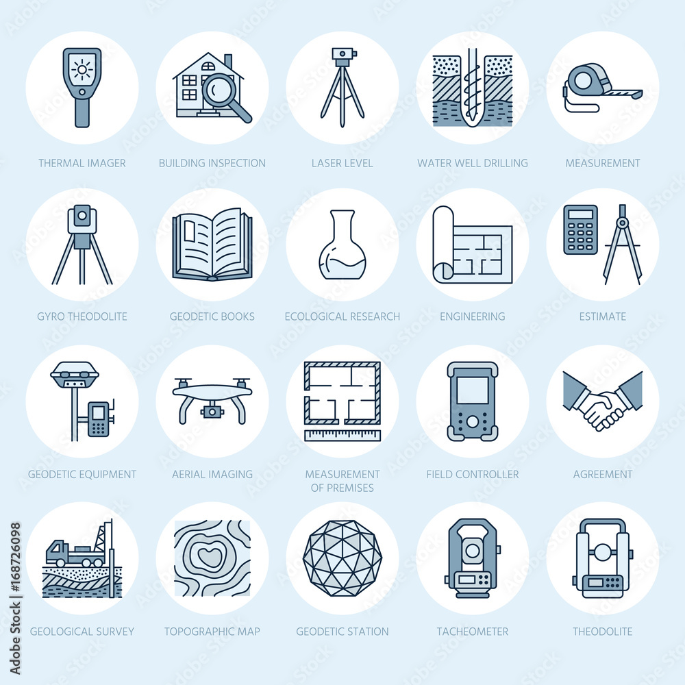 Geodetic survey engineering vector flat line icons. Geodesy equipment ...