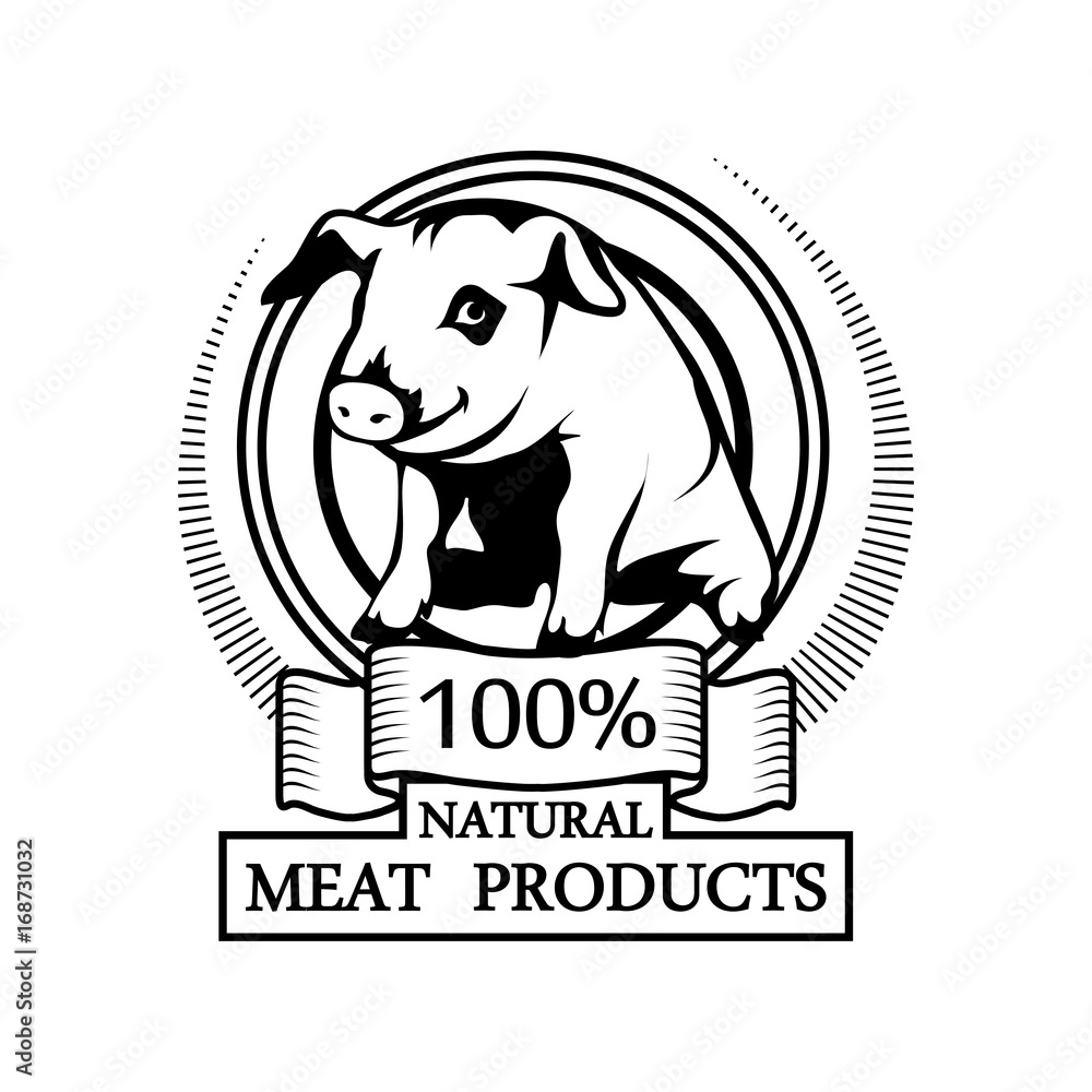 Logo 100% natural meat. Trademark with a Pig head. Black silhouette of ...