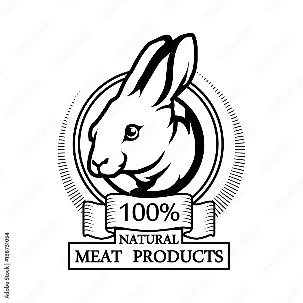 Logo 100% natural meat. Trademark with a rabbit head. Black silhouette ...