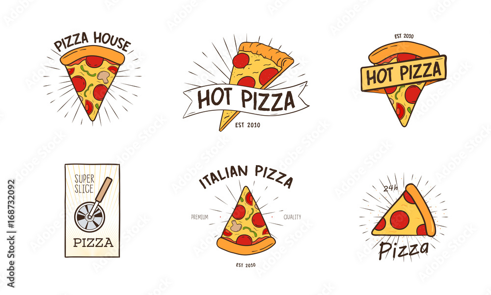 Pizzeria logotypes set. Collection of different logo with pizza slices and inscriptions. vector ...