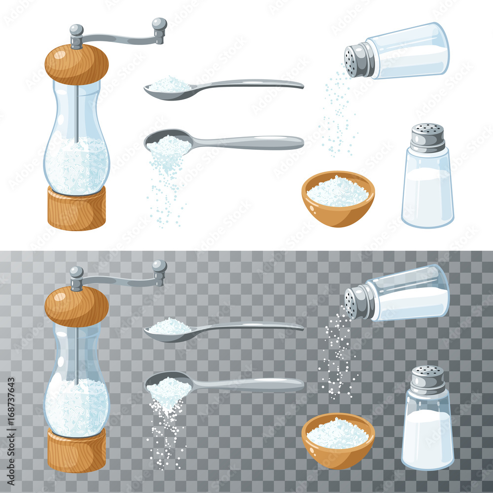 Salt collection. Transparent glass salt shaker with metal cap. Mill ...