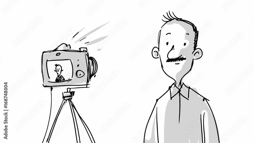 Man in front of a camera. Vector sketch for storyboard, projects ...