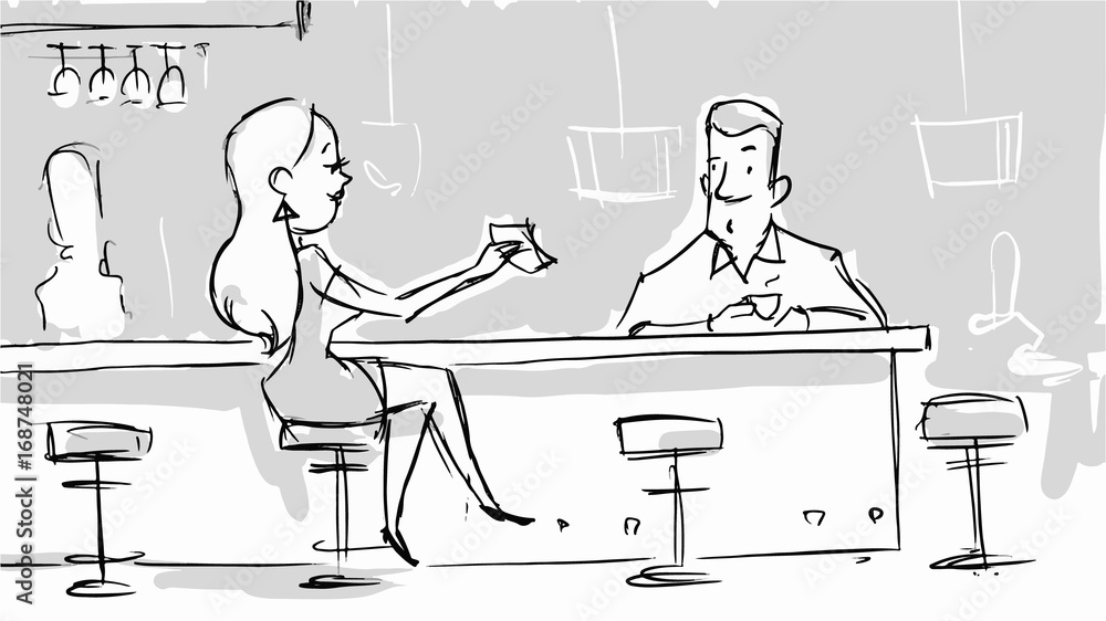 Woman in a bar talking to a barman. Vector sketch for storyboard ...
