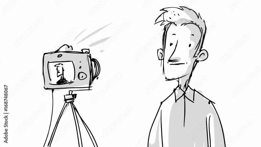 Man in front of a camera. Vector sketch for storyboard, projects ...