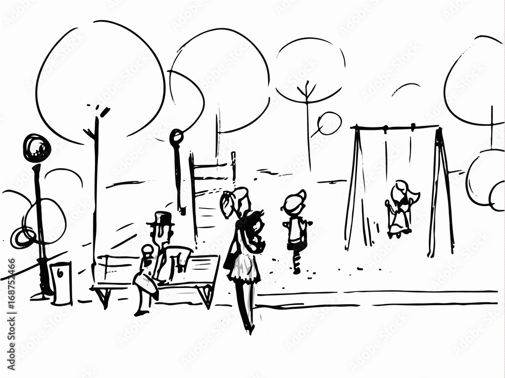 People in the park outdoors. Vector sketch for storyboard, projects ...
