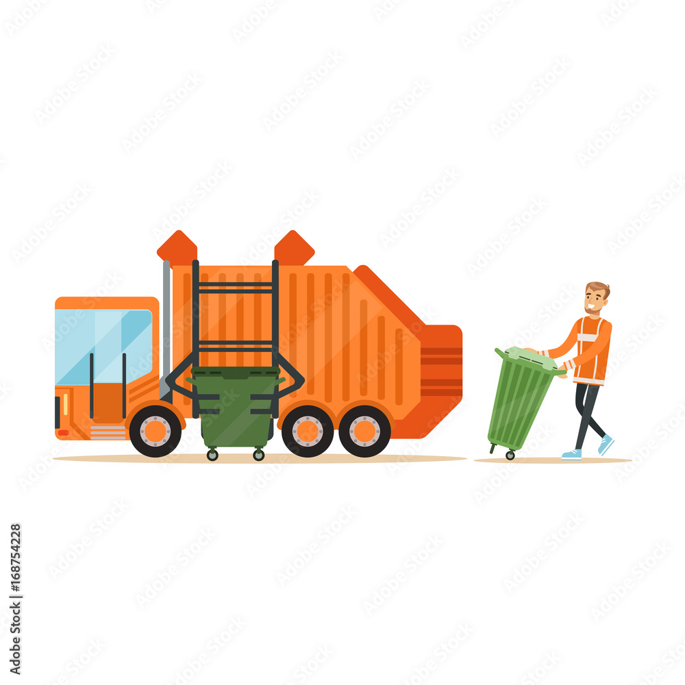 Garbage truck driver loading recycle bin into garbage collector truck ...