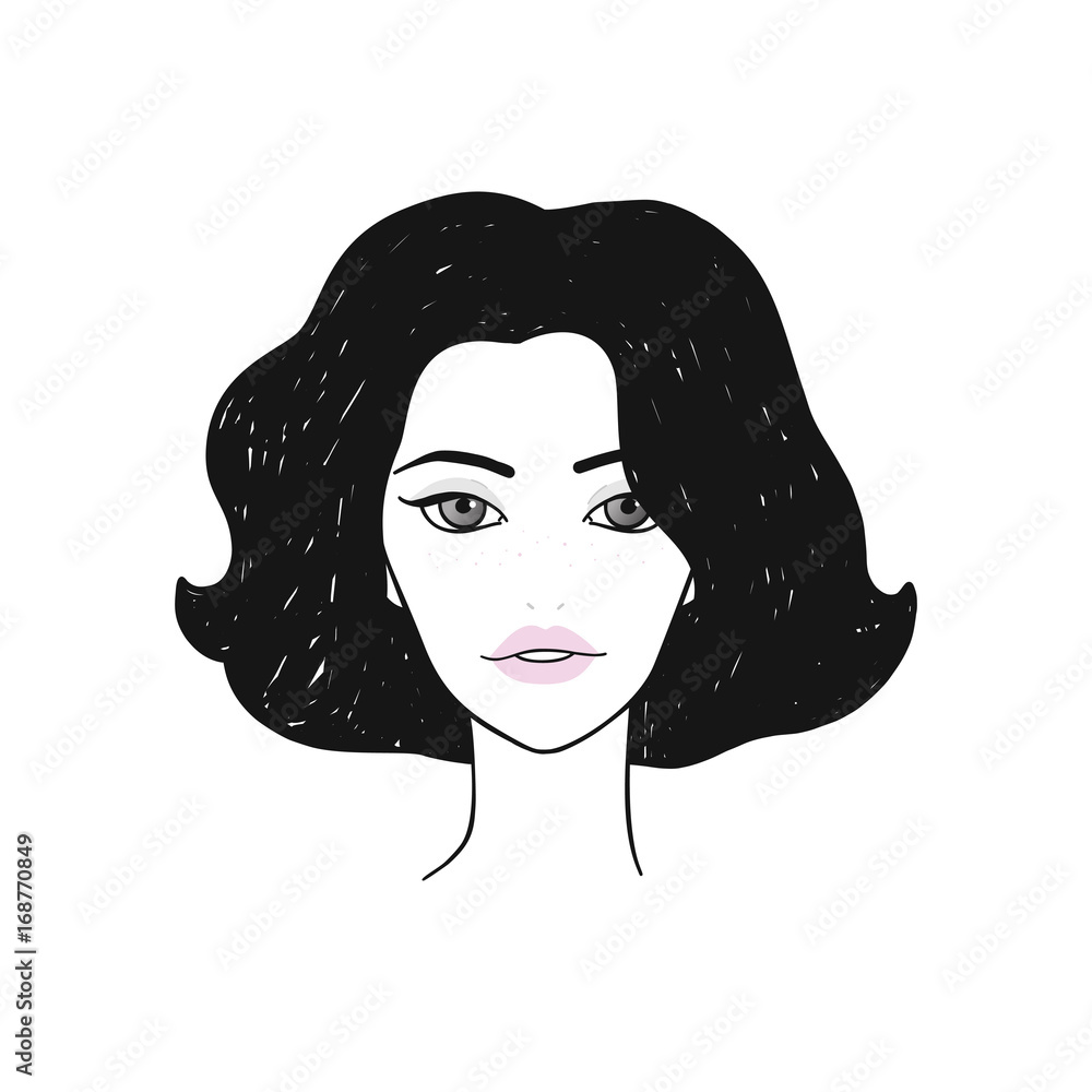 Young woman pretty face. Vector facial illustration of women black hair ...