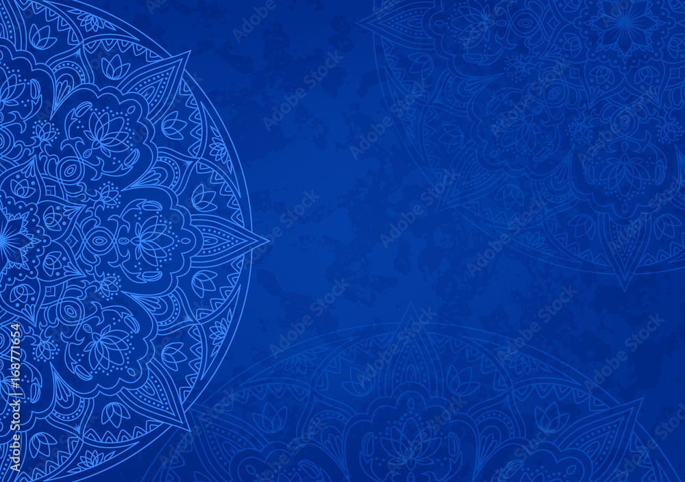 Horizontal blue background with oriental round pattern and texture of ...