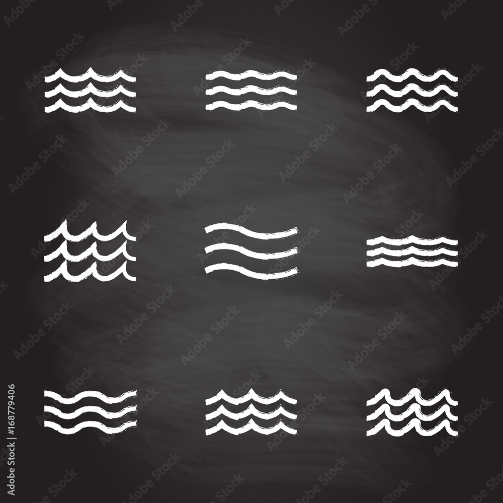 Wave icon set. Water line signs collection isolated on blackboard ...