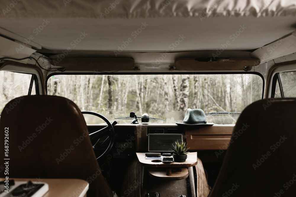 interior view of dashboard in vintage camper van Stock Photo | Adobe Stock