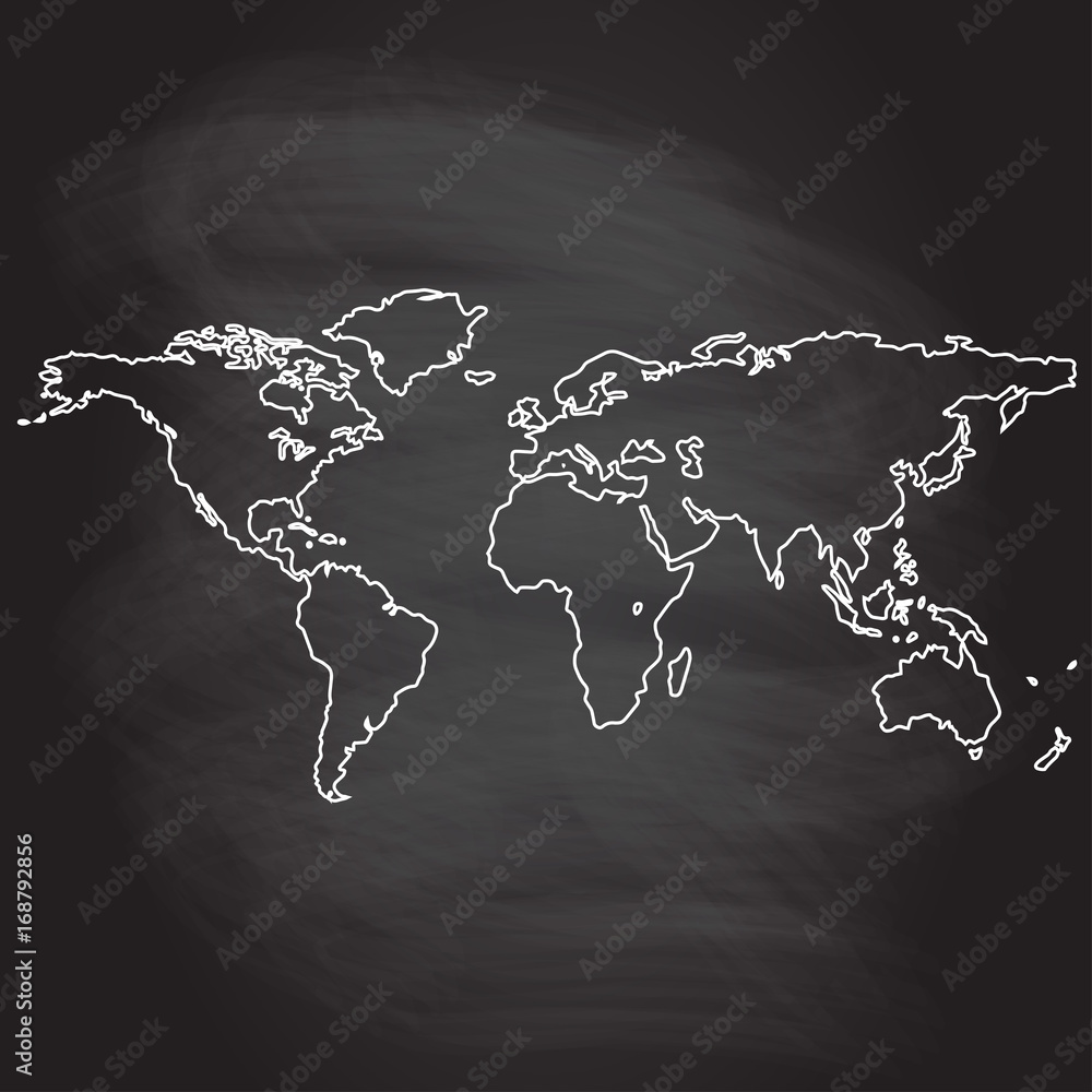 World map outline pattern isolated on blackboard texture with chalk ...
