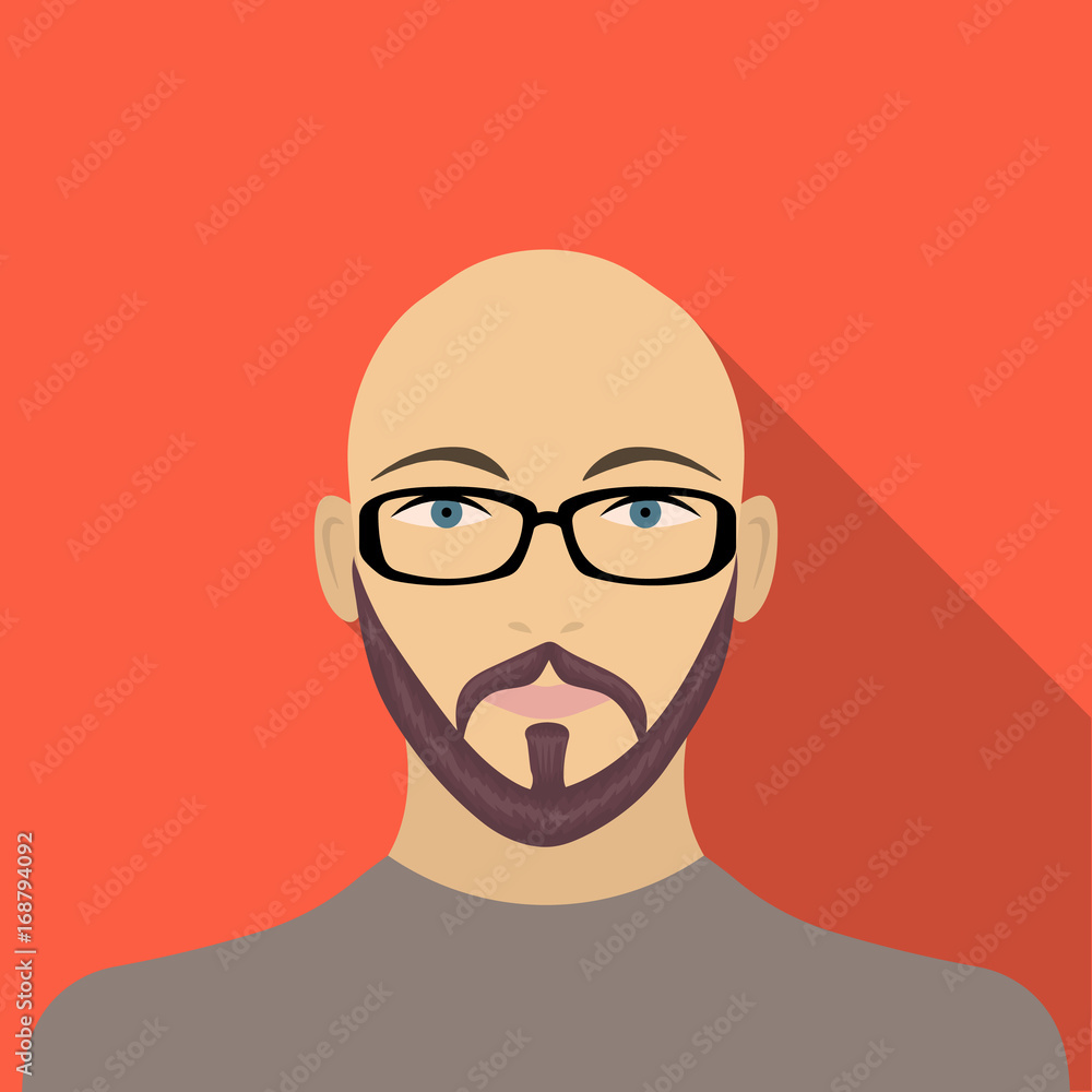The face of a bald man with glasses, with a beard and mustache. The ...