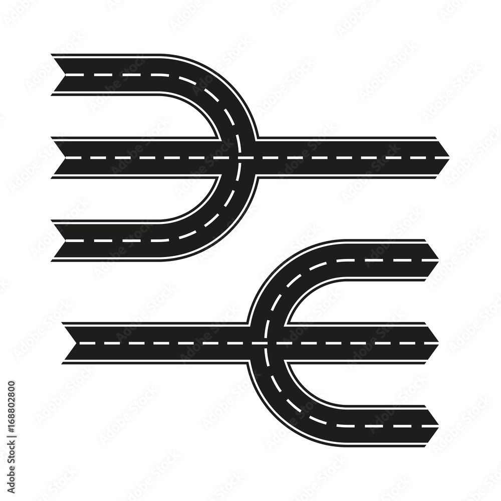 Asphalt road set in shape of arrow. Vector winding road template ...