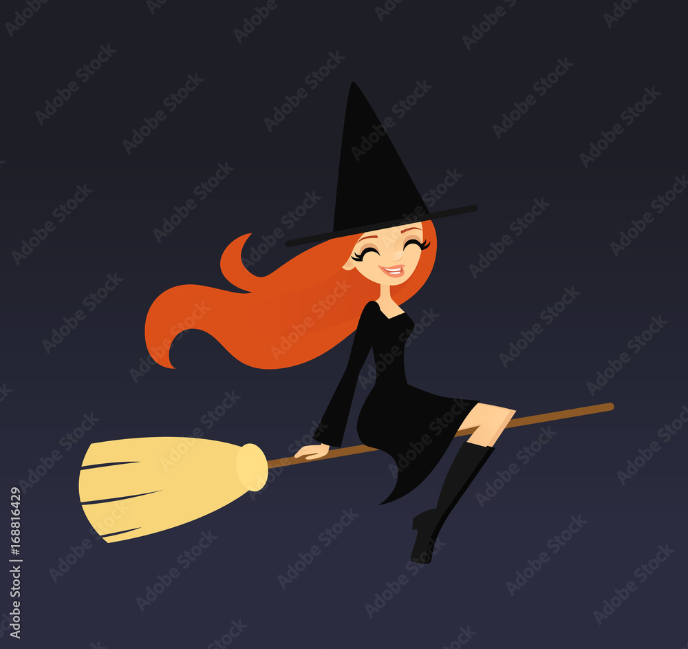 Smiling witch flying on a broom Stock Vector | Adobe Stock