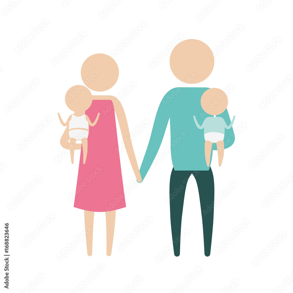 color silhouette pictogram parents with a baby boy and girl carrying ...
