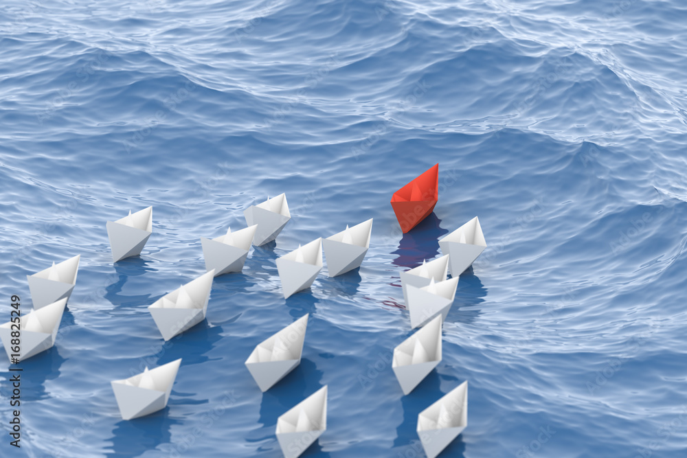 Leadership concept, red leader boat leading white boats in the waves of ...