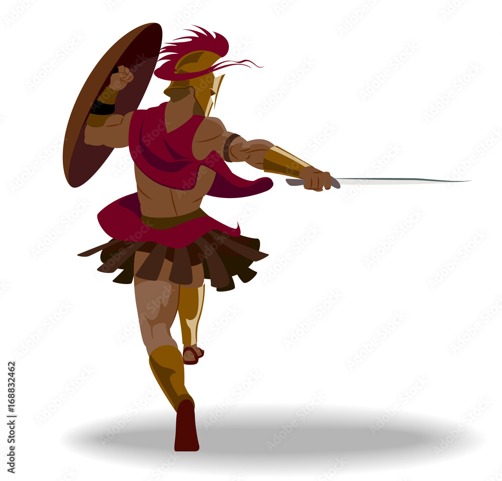 Angry spartan warrior with armor and hoplite shield holding a sword ...