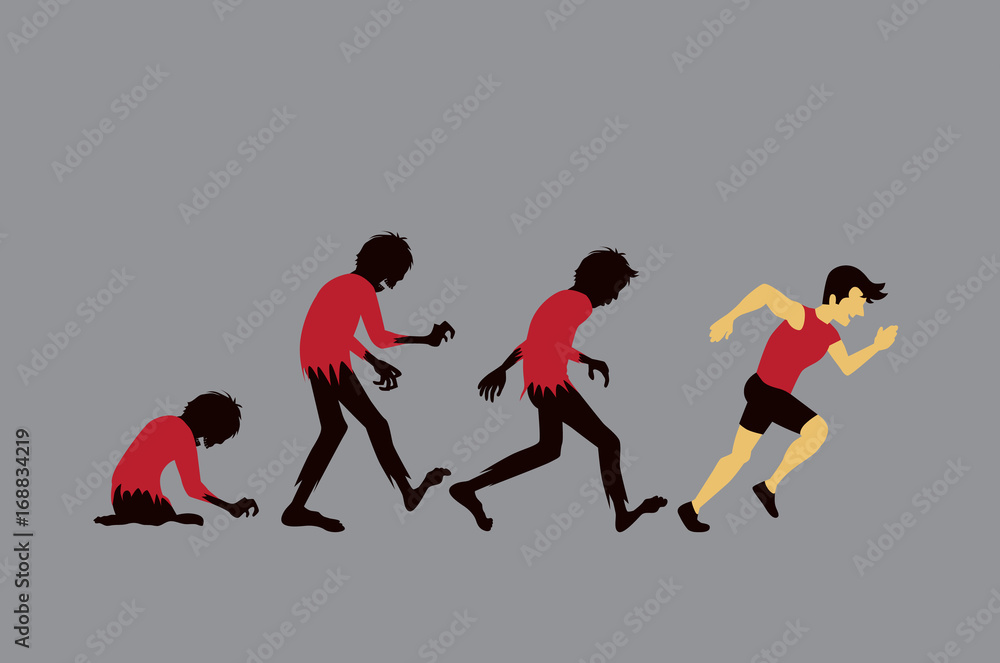 Zombie evolution into man with running exercise. Illustration is a ...
