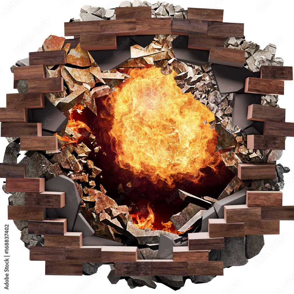 Fire breaks through Big Hole on the floor, tiles, bricks concrete ...