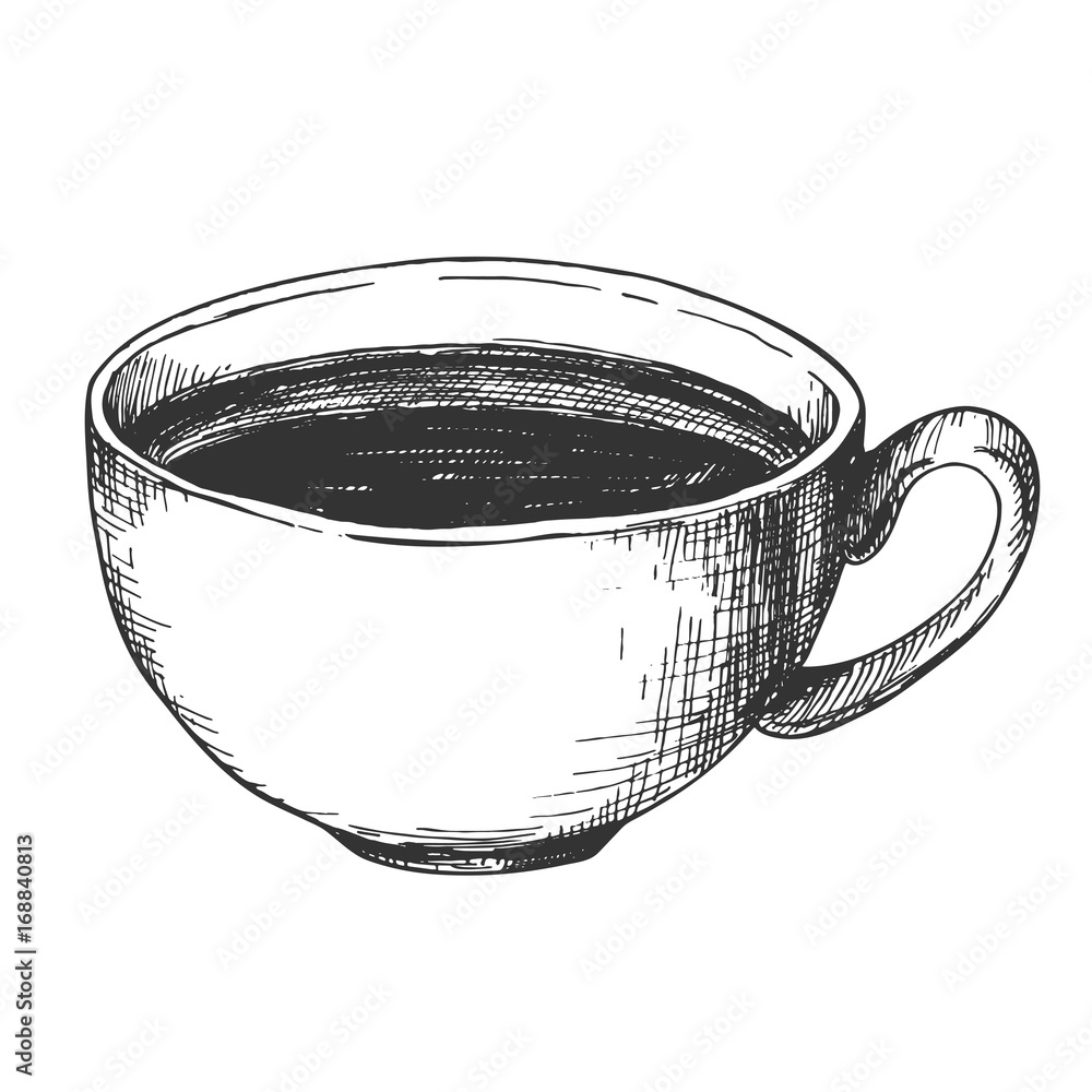 Sketch ink graphic cup of coffee illustration, draft silhouette drawing ...