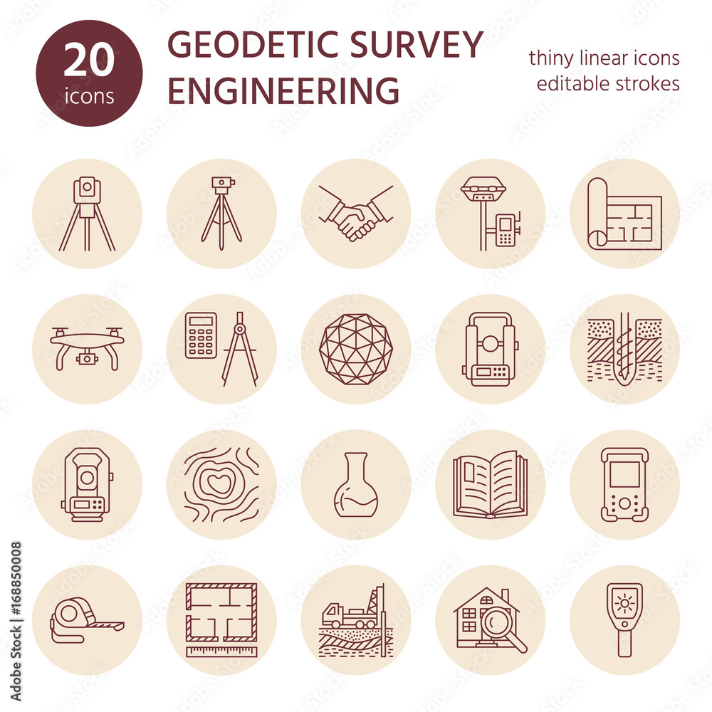 Geodetic survey engineering vector flat line icons. Geodesy equipment ...