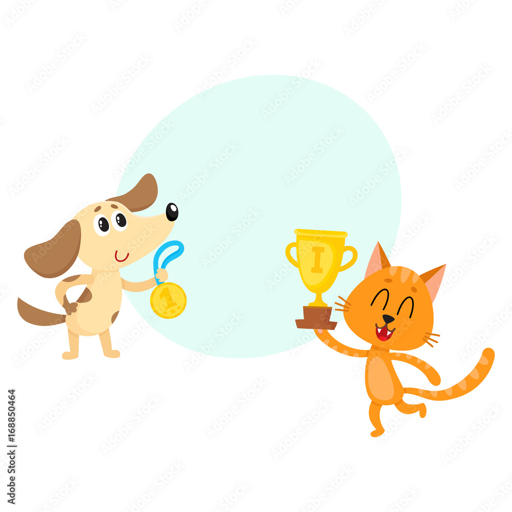 Cute red cat and dog characters, champions with golden winner medals ...