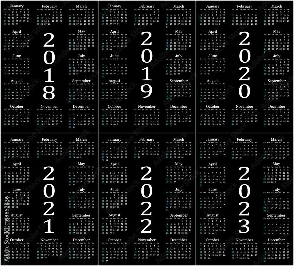 Six year calendar - 2018, 2019, 2020, 2021, 2022 and 2023 in black ...