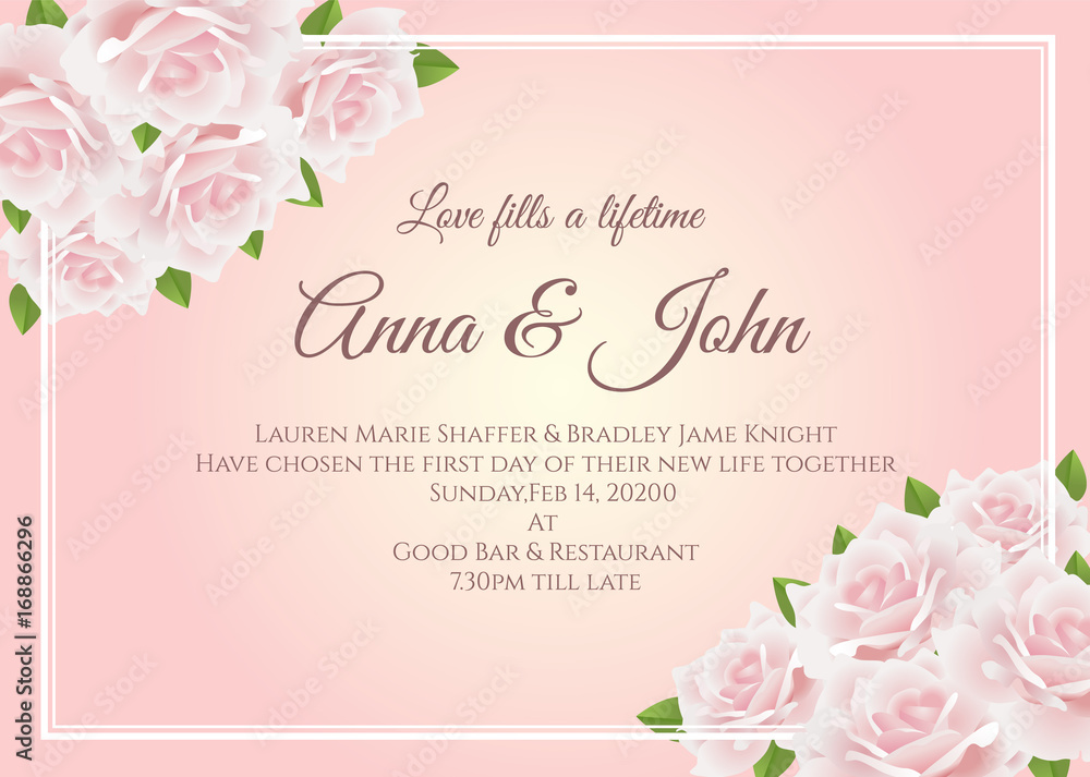 Wedding card - Soft pink rose floral frame on yellow pink background ...
