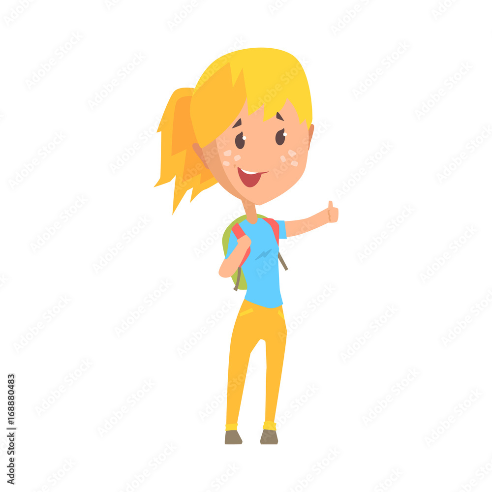 Hitchhiking blonde girl with backpack trying to stop a car, travelling ...