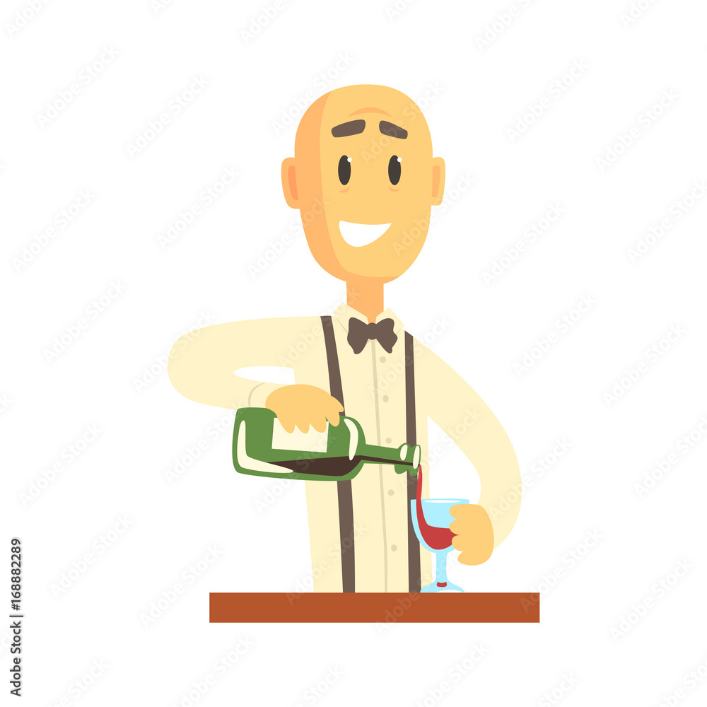 Elegant bartender man character standing at the bar counter pouring ...