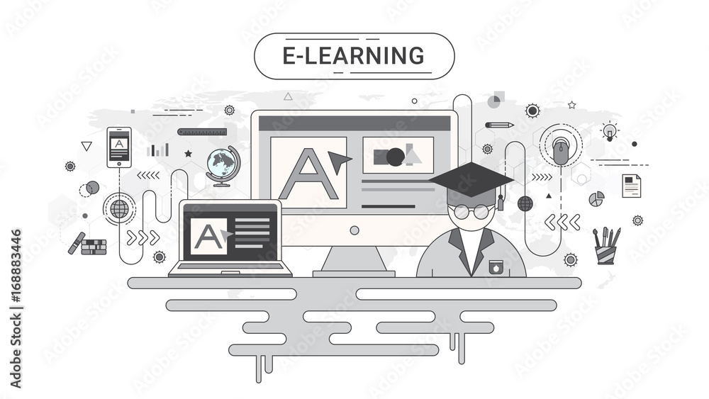 E-learning infographic concept. Computer and online education icons on ...