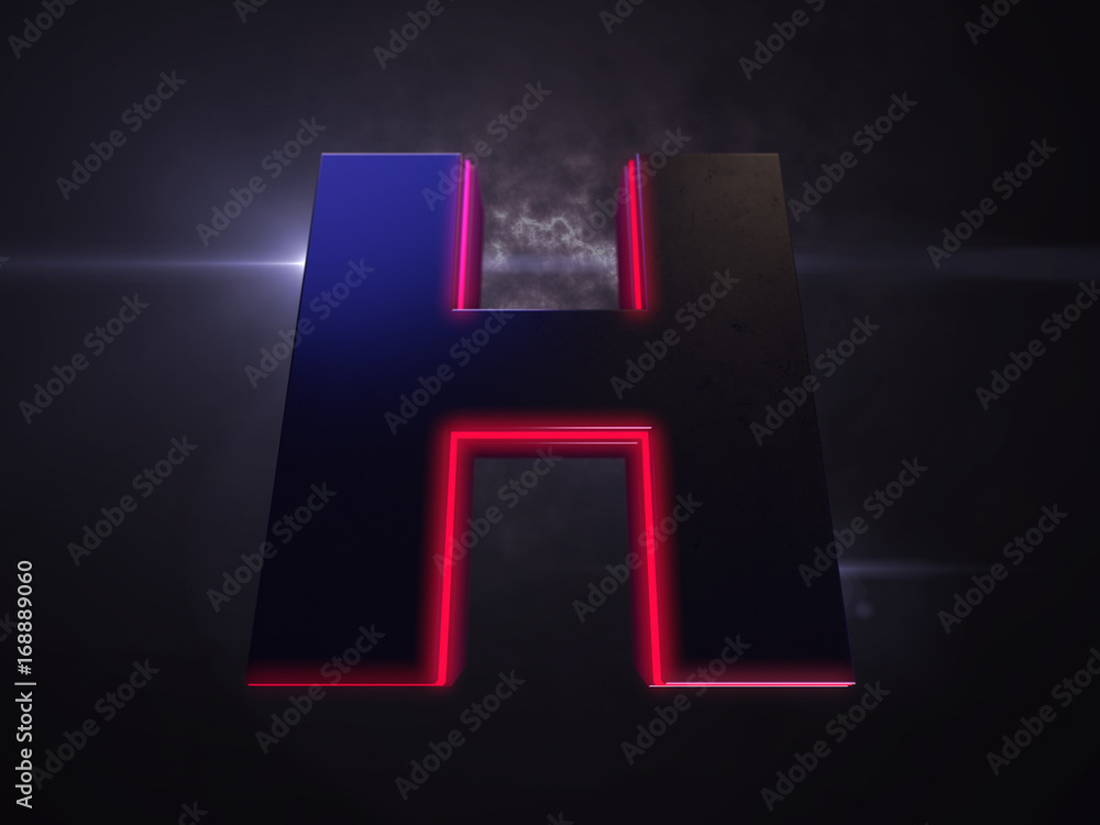 Letter H black extruded symbol with red light outline glowing in the ...