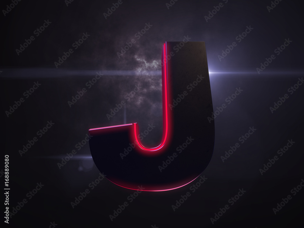 Letter J black extruded symbol with red light outline glowing in the ...