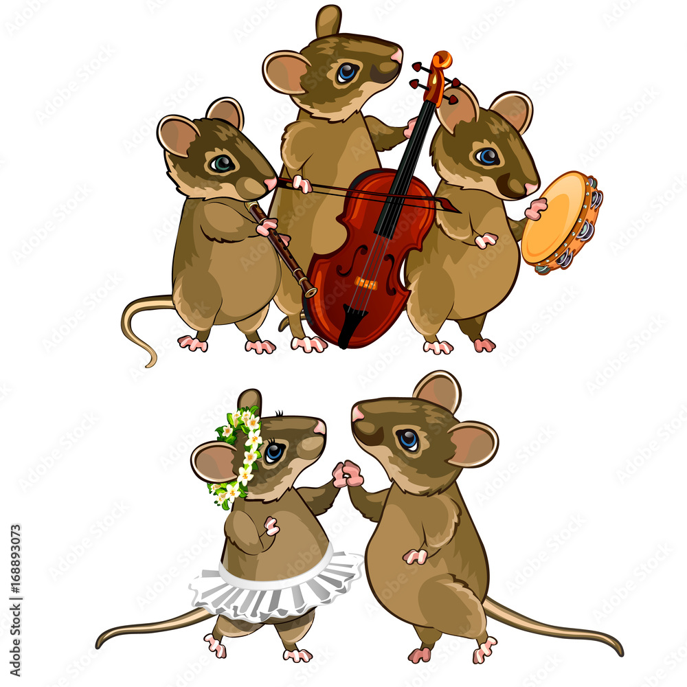 Mouse characters. Musical orchestra and a dancing couple. Holiday ...