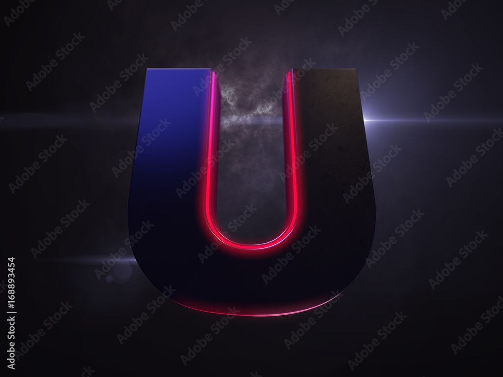Letter U black extruded symbol with red light outline glowing in the ...