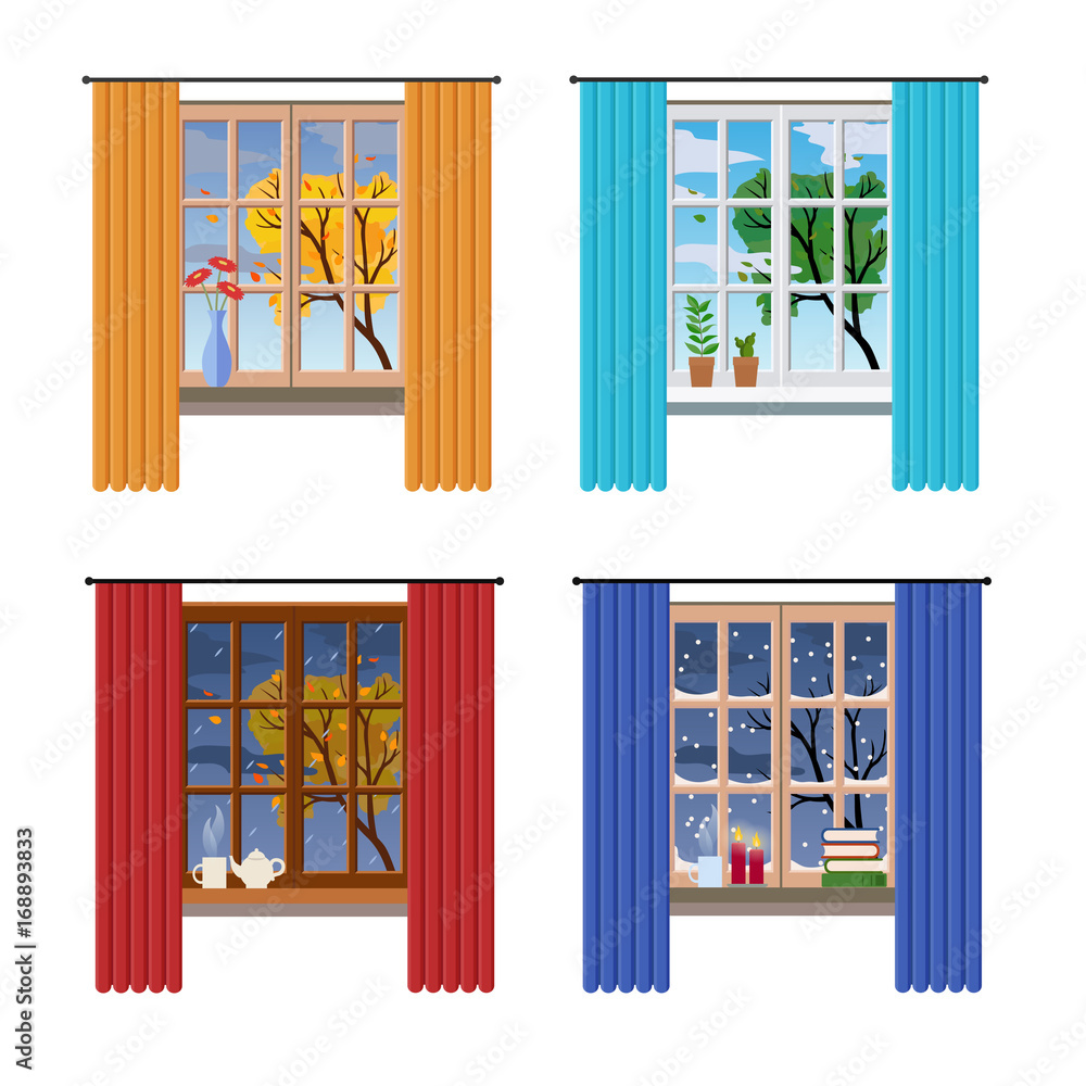 Set of different windows with a view on a tree, different season and ...