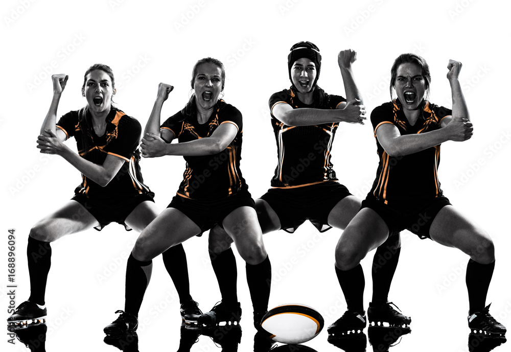 rugby women players team celebration in silhouette isolated on white ...