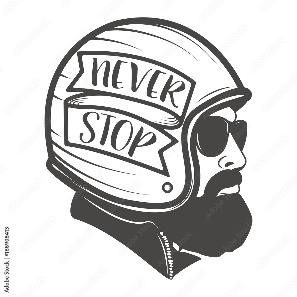 Racer head in helmet. Design element for logo, label, emblem, sign ...