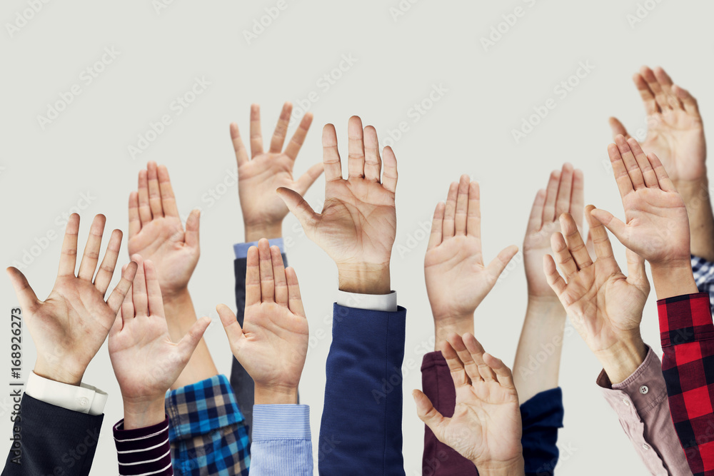 Many hands raised together Stock Photo | Adobe Stock