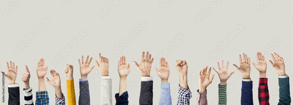 Many hands raised together Stock Photo | Adobe Stock