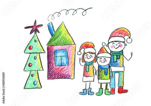 Happy family with house and Christmas tree Kids drawing Mother, father ...