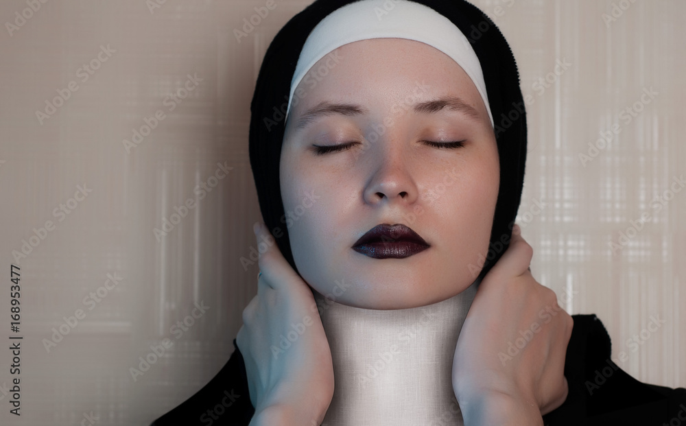 A young Catholic woman nun, black lipstick, sinful nun Stock Photo ...