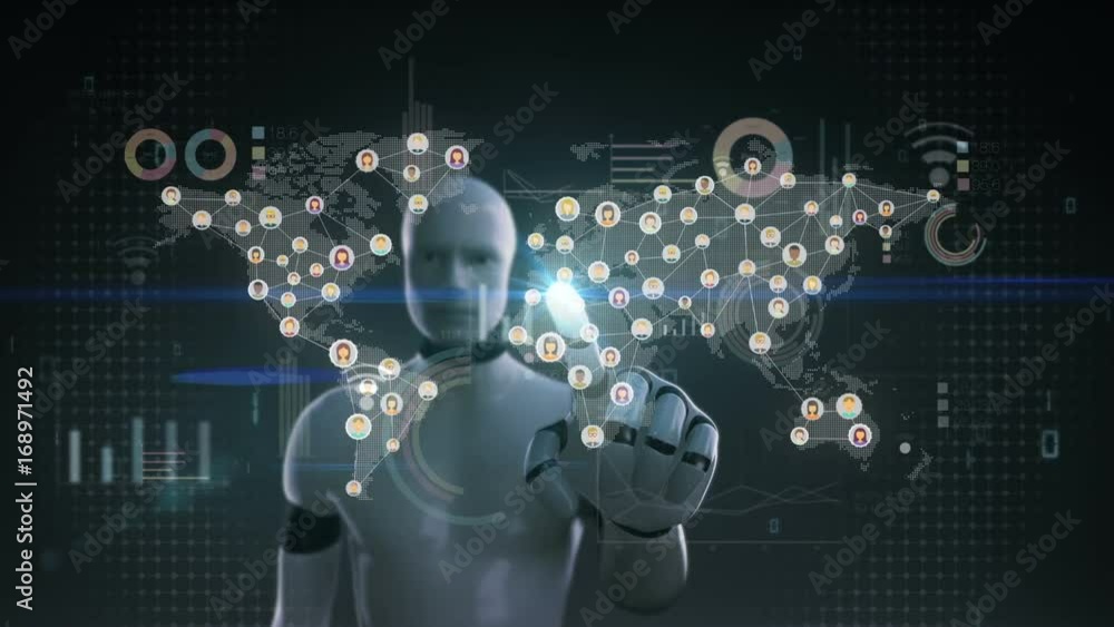 Robot, cyborg touching connected world people, using communication ...