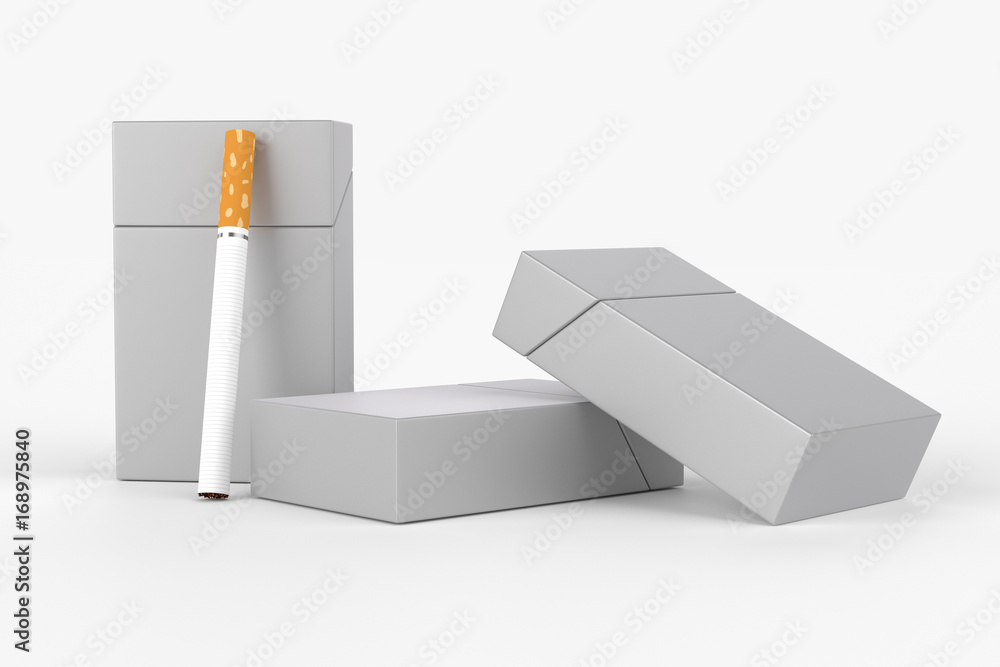 3D render composition of three king size cigarette boxes or packs with ...