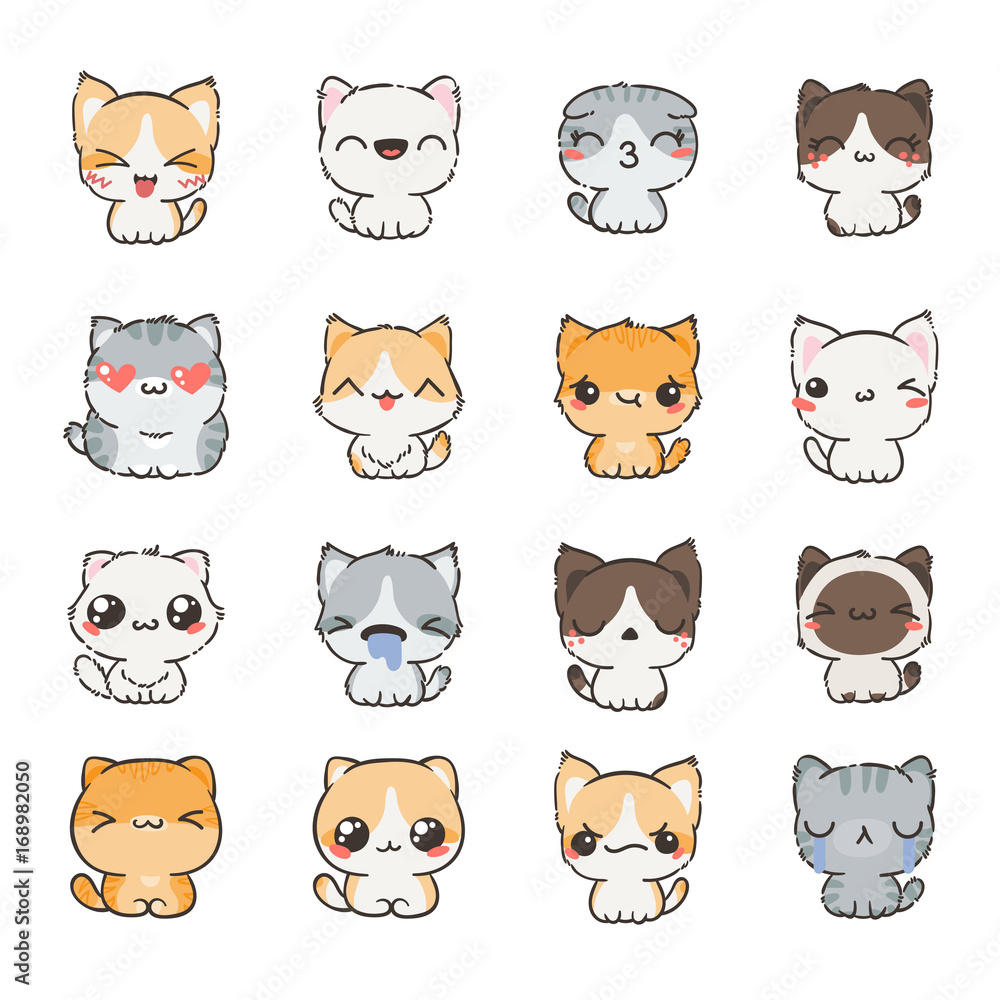 Cute cartoon cats and dogs with different emotions. Sticker collection ...