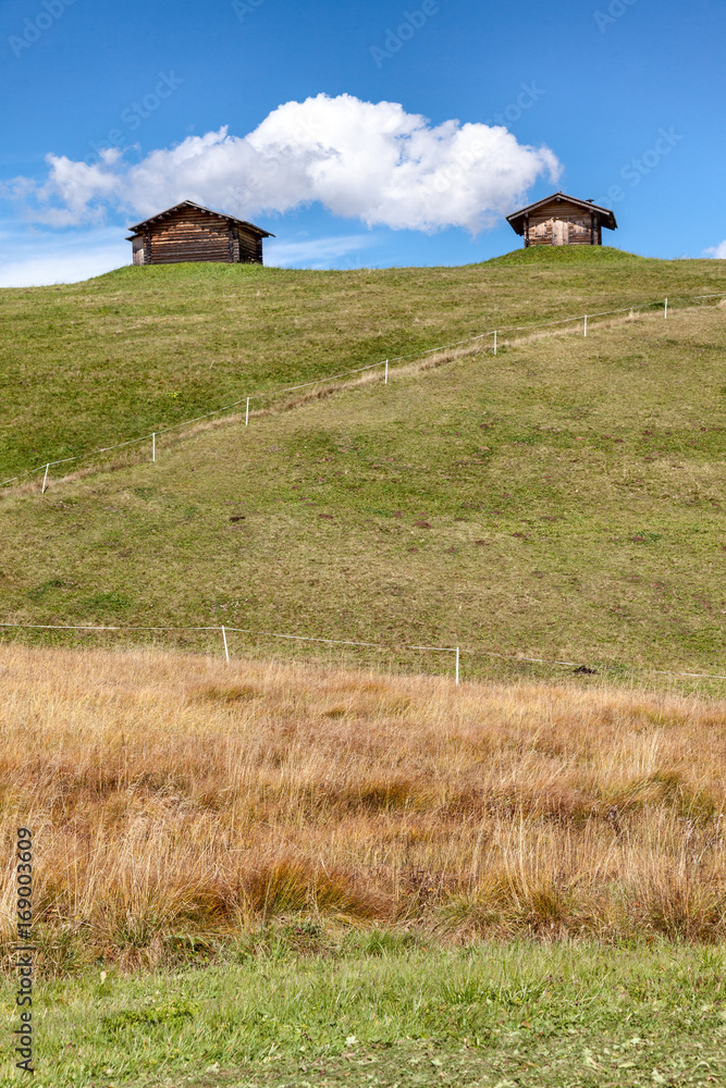 two wooden huts in mountain pastures, vertical Stock Photo | Adobe Stock