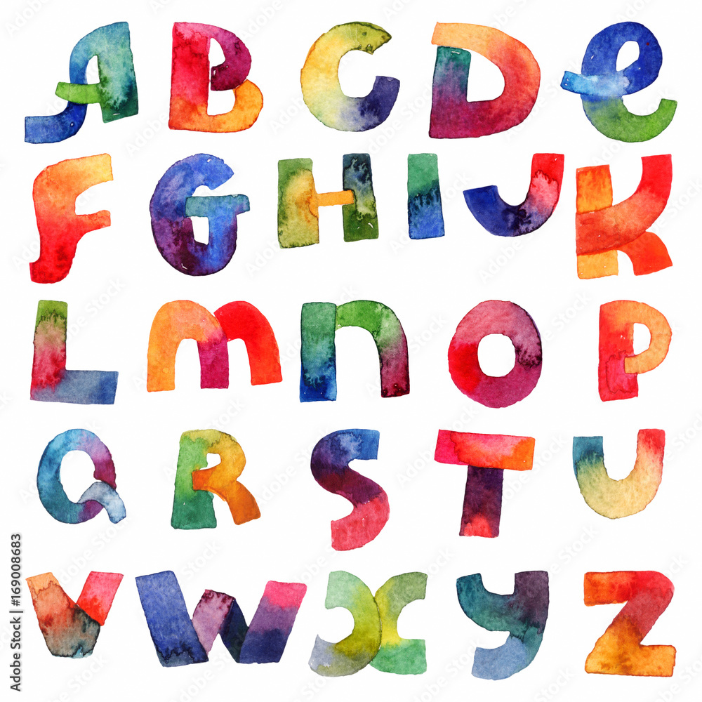 Gradient watercolor font from A to Z in hand drawn bright style ...
