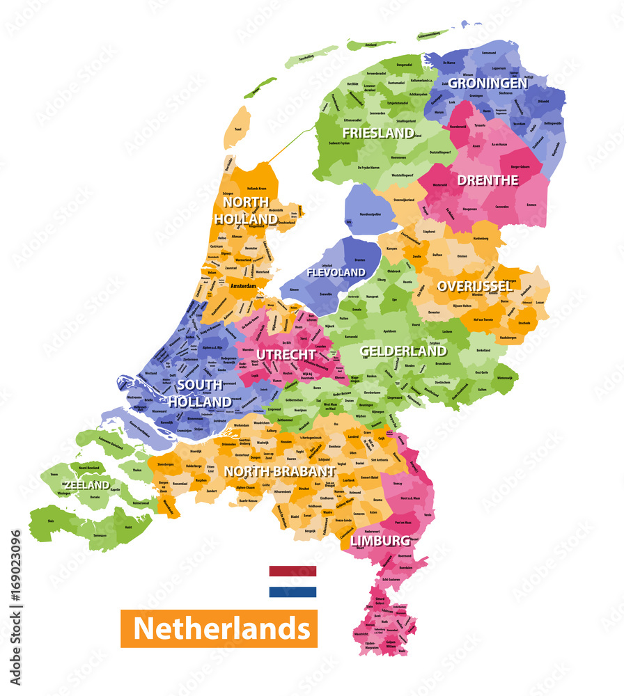 Netherlands high detailed local municipalities map colored by provinces ...