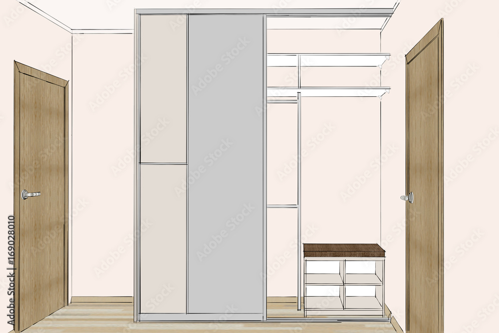 3D rendering. Empty wardrobe with sliding doors in the room. Front view ...